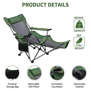 NURTUDIS Camping Lounge Chair, Portable Camping Chair with Footrest, Folding Reclining Camping Chair,Storage Bag & Headrest, Mesh Recliner, 330lbs Weight Capacity (Green)