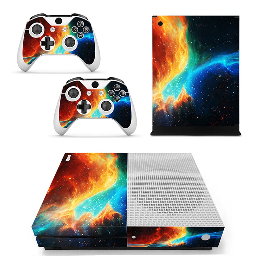 FOTTCZ Vinyl Skin for Xbox One Slim Console & Controllers Only, Sticker Decorate and Protect Equipment Surface, Orange Black Nebula