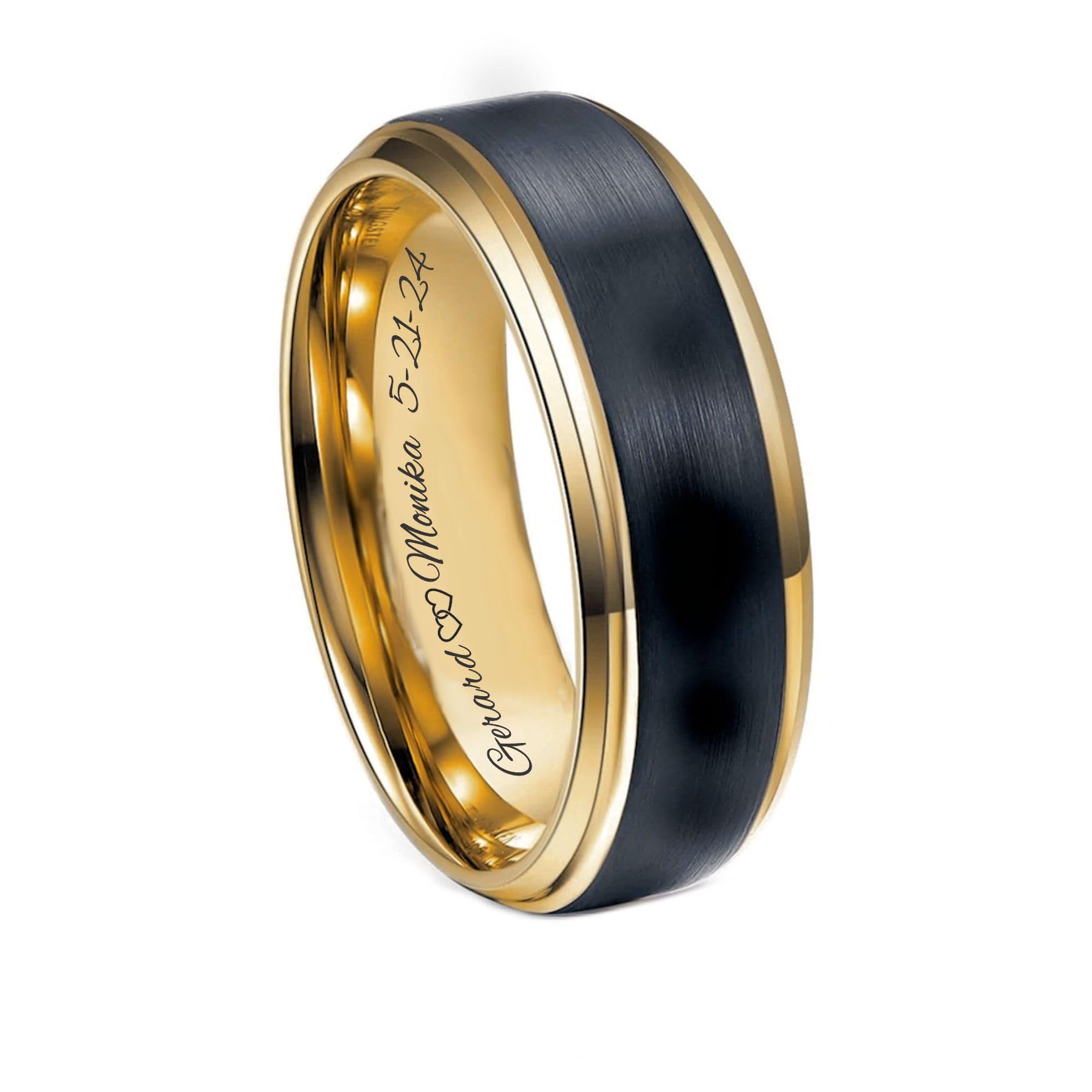 Personalized Gold & Black Stainless Steel Wedding Band Ring Custom Engraved Free - Ships from USA