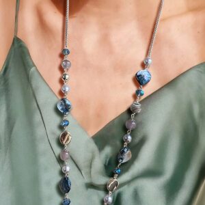 FULU AUTUMN Long Beaded Necklaces for Women Silver Link Chain Necklace with Shell Crystal Beads, Party Gifts for Her(Blue)