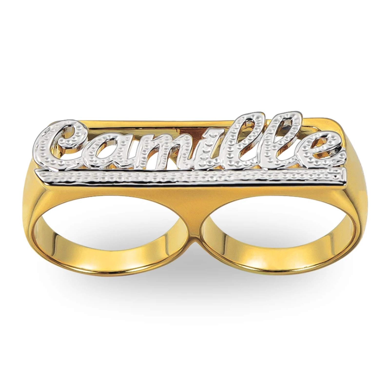 BlingSparkle Ring, Personalized Statement Name Ring with Initial, 18K Gold-Plated, Double Finger, for Women & Mens