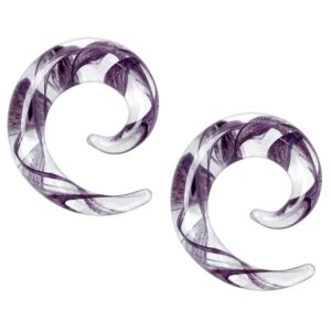 pierced owl swirling purple ribbon inside glass spiral taper earrings, sold as a pair (4mm (6ga))