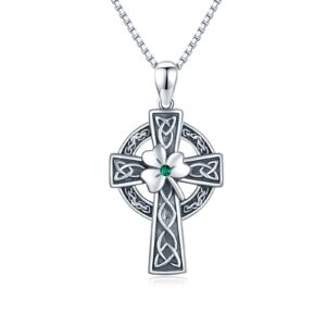 trishula celtic cross necklace for women, 925 sterling silver good luck clover necklaces irish celtic knot cross vintage shamrock celtic jewelry gift for women girls teen