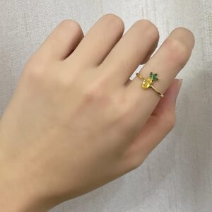 CZ Pineapple Thin Cute S925 Sterling Silver Gold Plated Engagement Open Tail Rings Dainty Adjustable Finger Promise Statement Band Small Fruit Colorful Ring Jewelry Gifts for Birthday Women Daughter Xmas