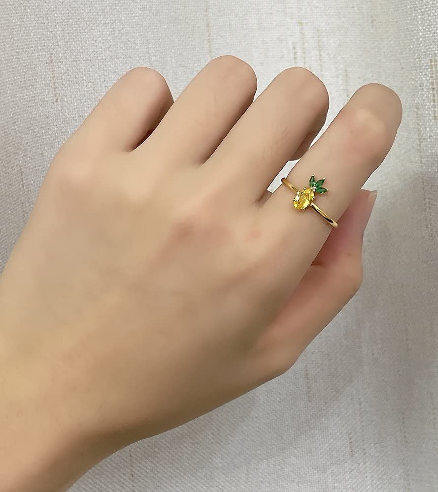 CZ Pineapple Thin Cute S925 Sterling Silver Gold Plated Engagement Open Tail Rings Dainty Adjustable Finger Promise Statement Band Small Fruit Colorful Ring Jewelry Gifts for Birthday Women Daughter Xmas