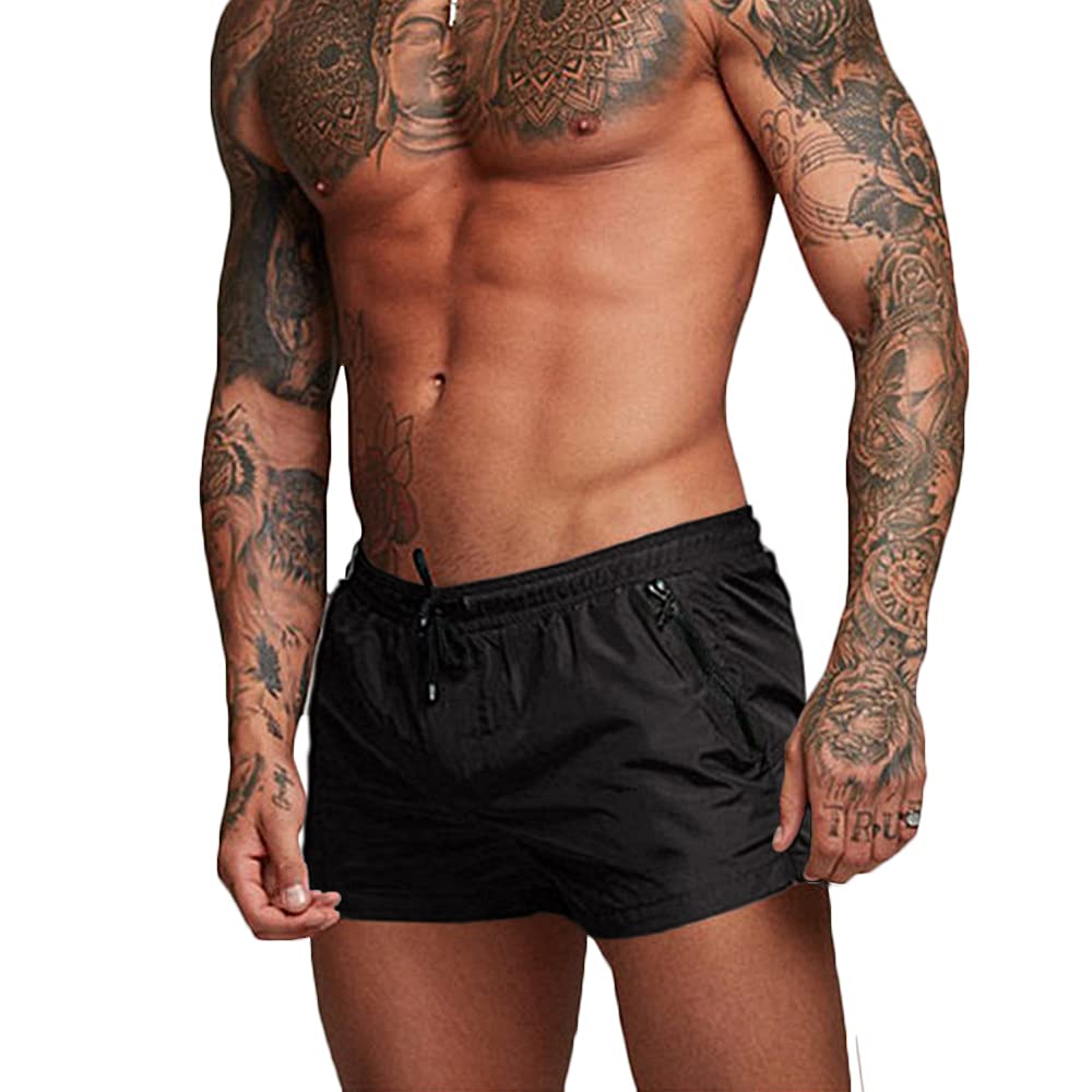 Rexcyril Men's Athletic Gym Workout Shorts 3 Inch Quick Dry Running Bodybuilding Short Shorts with Liner and Zipper Pockets, Black, Medium