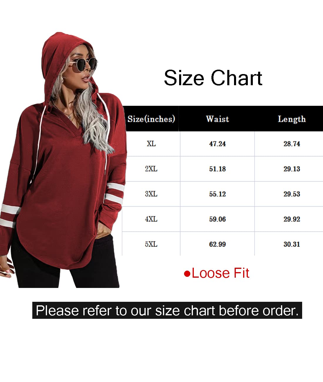 Plus Size Pullover Sweatshirts Women Loose Fit Batwing Top Fleece Hoodies Red 1X