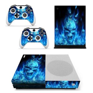 fottcz vinyl skin for xbox one slim console & controllers only, sticker decorate and protect equipment surface, blue flame evil spirit