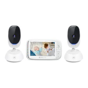 motorola baby monitor vm75 - indoor video with 2 cameras, 480x272p, 1000ft range 2.4 ghz wireless 5" screen, 2-way audio, remote pan, digital tilt, zoom, room temp, lullabies, night vision