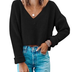 womens v neck long sleeve tops crop waffle knit crepped casual loose pullover crop sweater l black