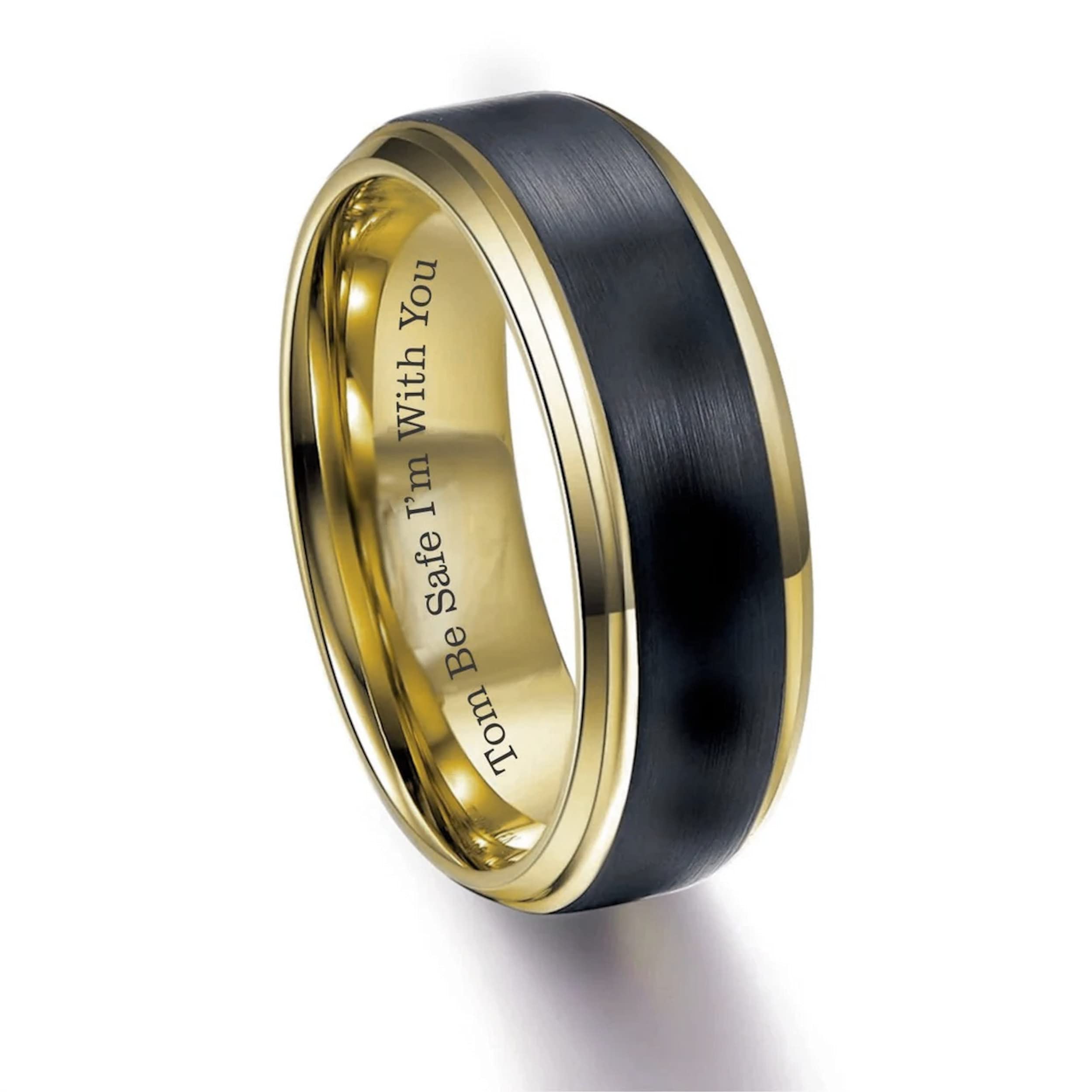 Personalized Gold & Black Stainless Steel Wedding Band Ring Custom Engraved Free - Ships from USA