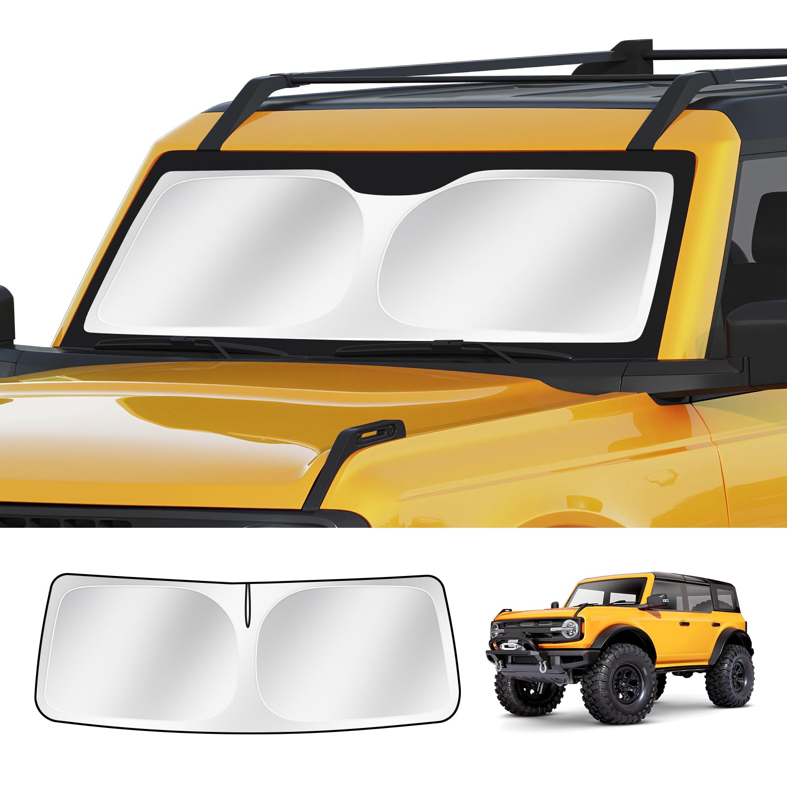 T TGBROS Windshield Sun Shade for Ford Bronco Accessories 2021 2022 2023 2024 Block Heat and Sun Protection Sun Shield Sun Visor Cover Foldable for Bronco 2/4-Door (Silver & Black)