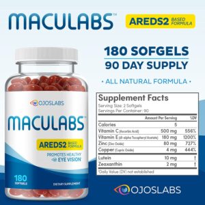 OjosLabs Eye Vitamins - AREDS 2 Based Formula - Eye Vitamin with Lutein & Zeaxanthin for Macular Health - Vision Supplements for Adults - 180 Softgels Support & Care for Eyes - Made in USA