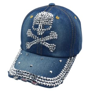 kangqifen women rhinestone pattern distressed denim baseball cap sparkle bling hat adjustable (skull-03)