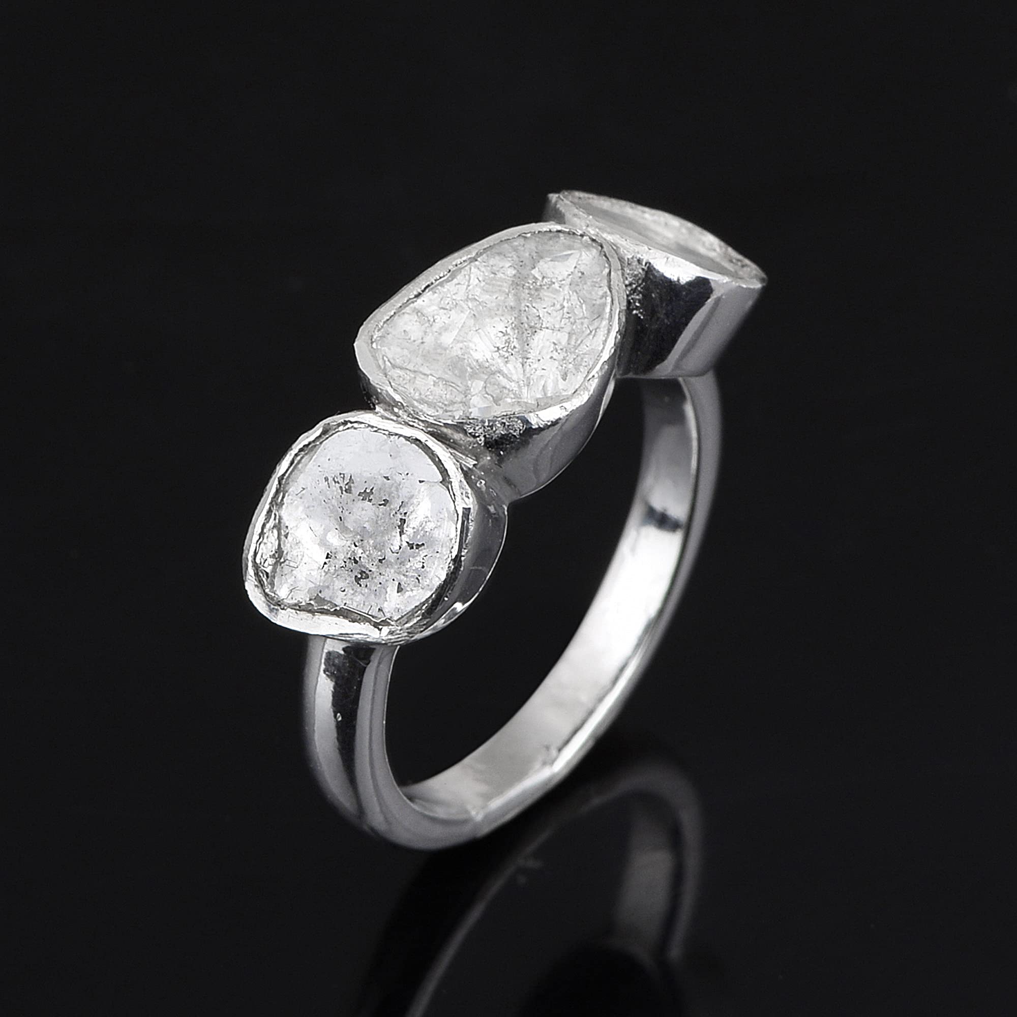 Shine Jewel 0.25 CT Natural Uncut Polki Diamond 3-Stone Ring Platinum Plated 925 Sterling Silver Handmade Jewelry Gift for Women (8)