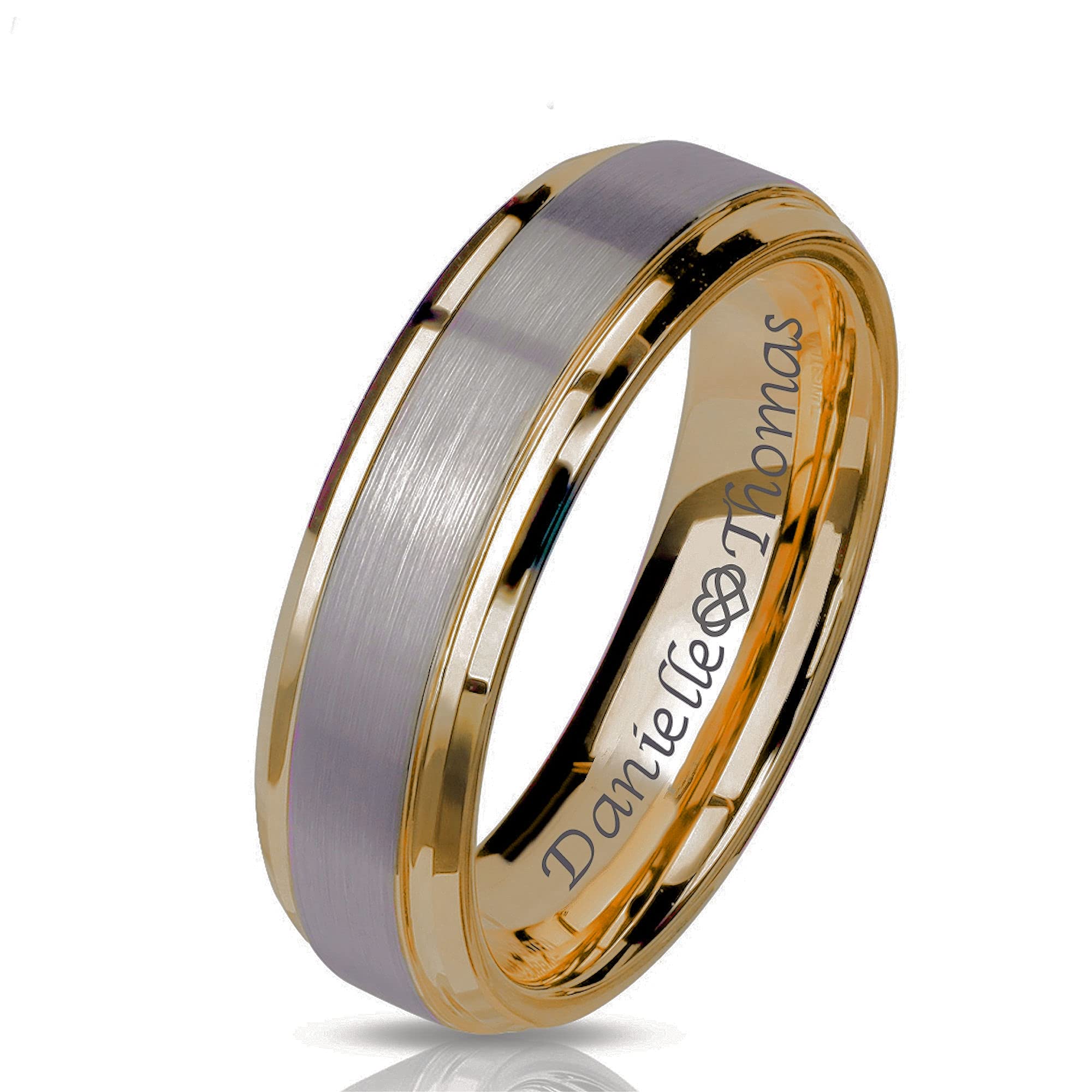 Personalized Brushed Silver & Gold Stainless Steel Wedding Band Ring Custom Engraved Free - Ships from USA