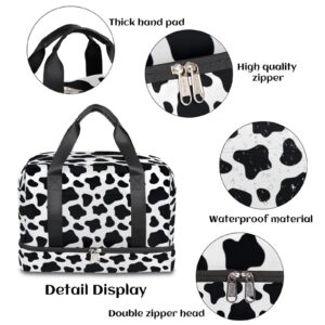 Cow Print Sports Gym Bag with Shoes Compartment,Black and White Travel Duffel Bag for Women Men Boys Girls Teens Overnight Weekend Yoga Workout Bag Training Handbag