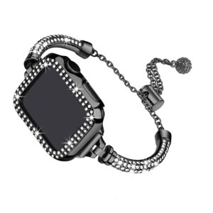 secbolt bling bands compatible with apple watch band 38mm with case, women dressy metal bracelet with rhinestone bumper for iwatch series 3/2/1, black