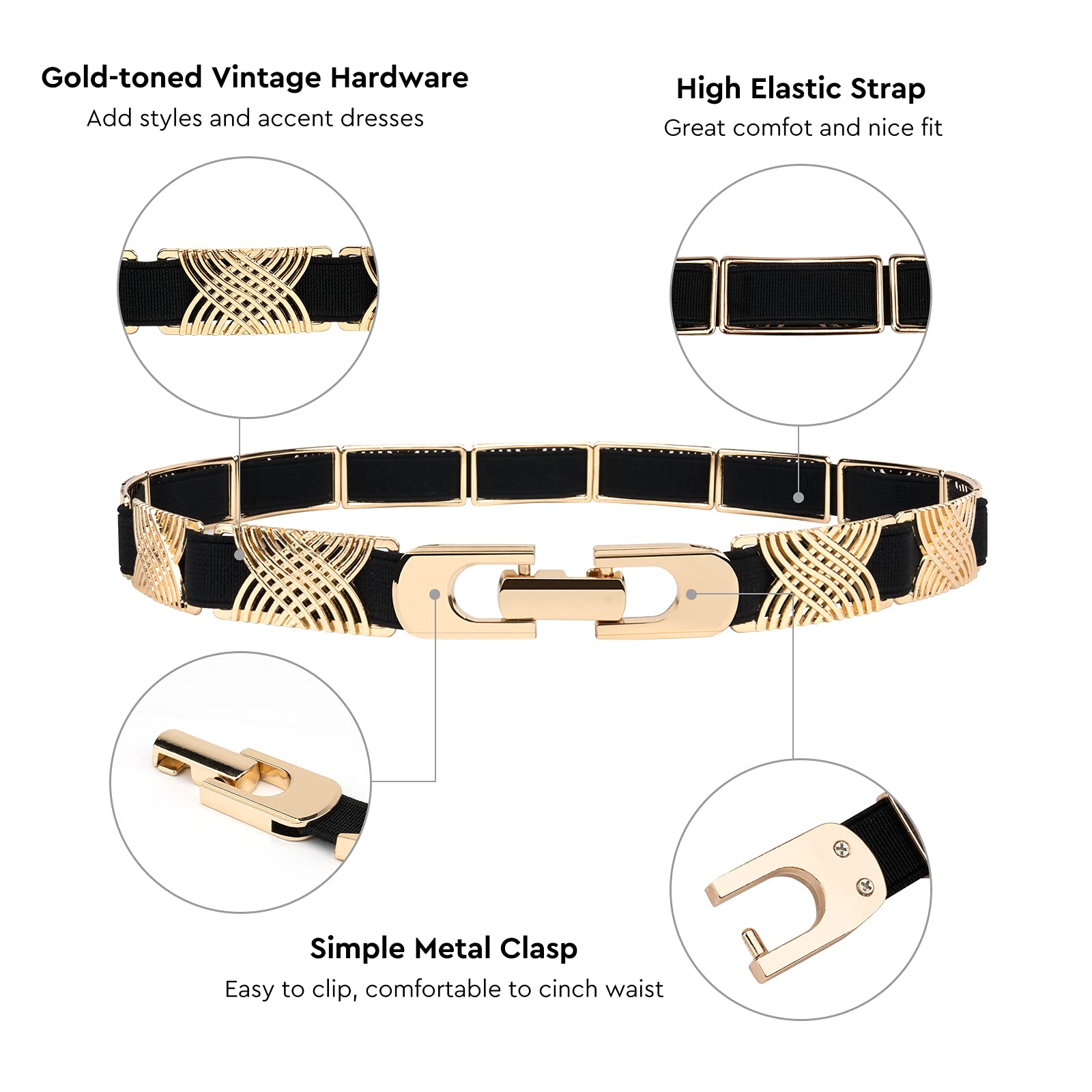 gingokuo Women Dress Belts Elastic Stretch Waist Belts for women Dresses with Gold Buckle wave Suit for waist 30-36