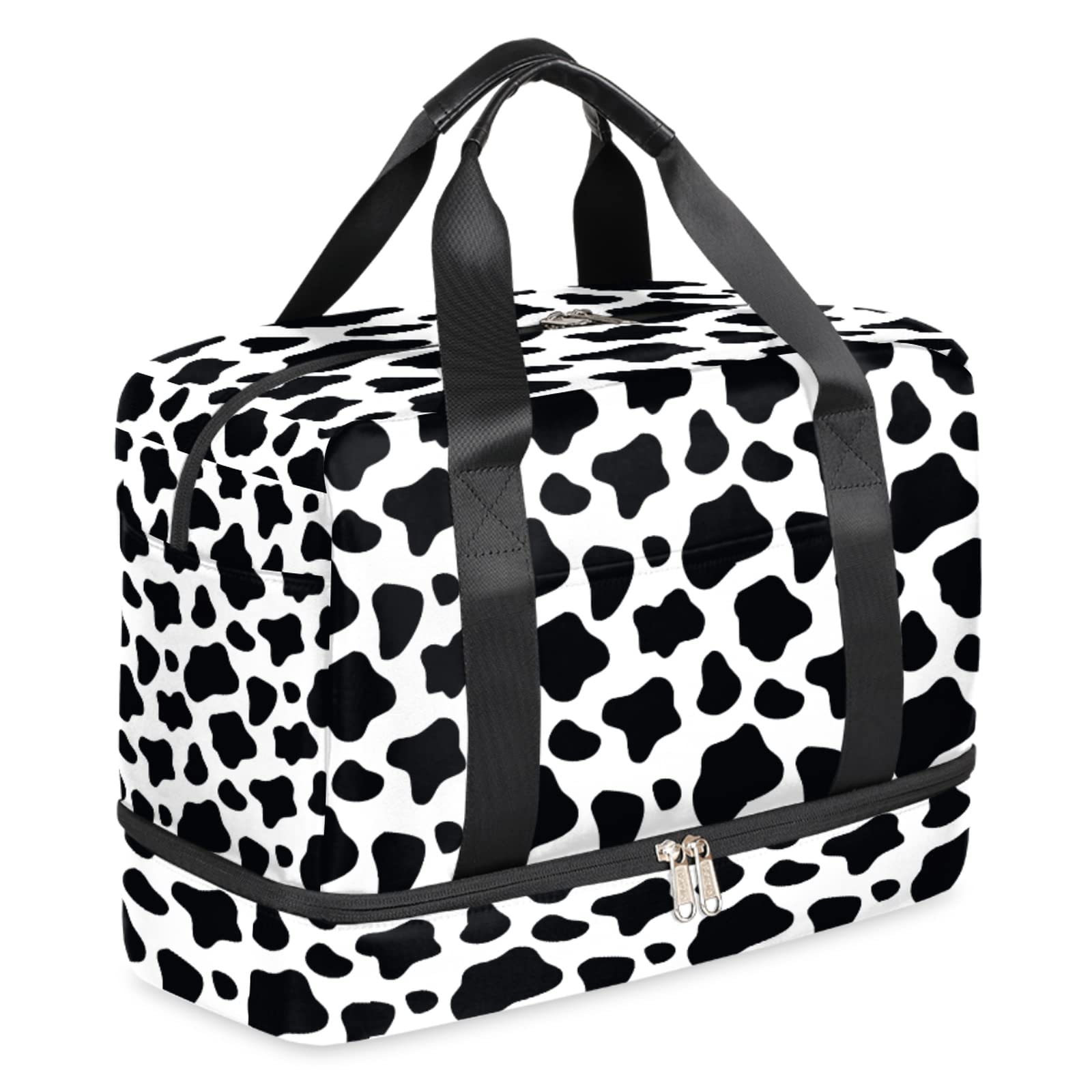 Cow Print Sports Gym Bag with Shoes Compartment,Black and White Travel Duffel Bag for Women Men Boys Girls Teens Overnight Weekend Yoga Workout Bag Training Handbag