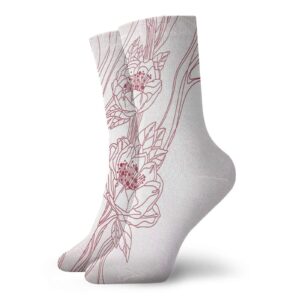 almond blossom funny compression socks women and men,wedding theme with stripes and flower bloom outline on pastel colors,best for circulation,running,athletic,nurse,travel,burgundy baby pink -12 inch