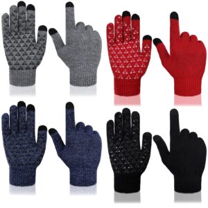 satinior 4 pairs winter gloves warm knit gloves touchscreen anti slip silicone gloves soft elastic cuff texting gloves (black, red, blue, and hemp grey)