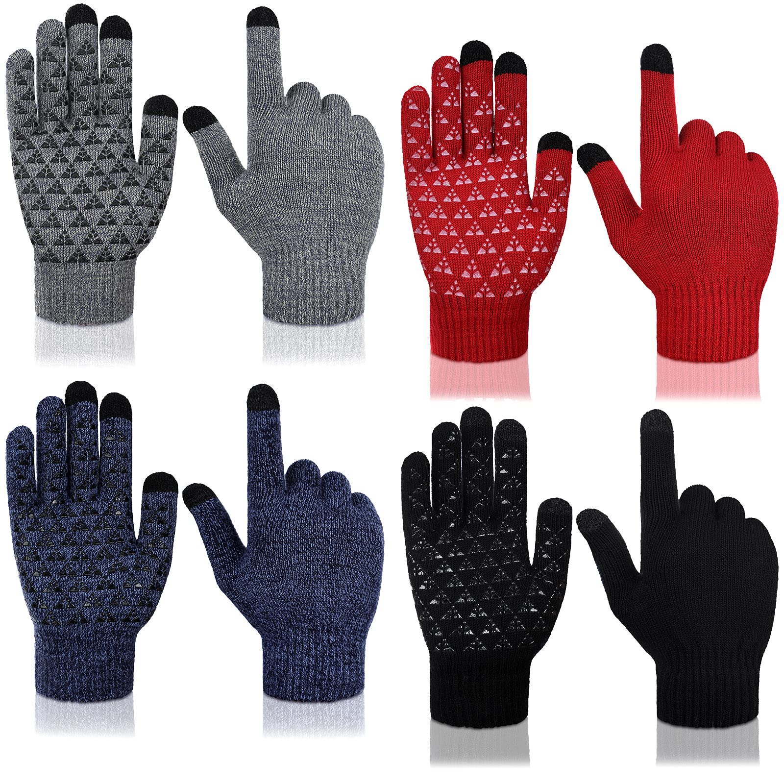 SATINIOR 4 Pairs Winter Gloves Warm Knit Gloves Touchscreen Anti Slip Silicone Gloves Soft Elastic Cuff Texting Gloves (Black, Red, Blue, and Hemp Grey)