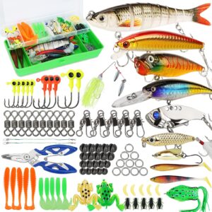 fishing lures tackle box bass fishing kit including animated lure,crankbaits,spinnerbaits,soft plastic worms, topwater lures,hooks,saltwater & freshwater fishing gear for bass,trout, salmon.