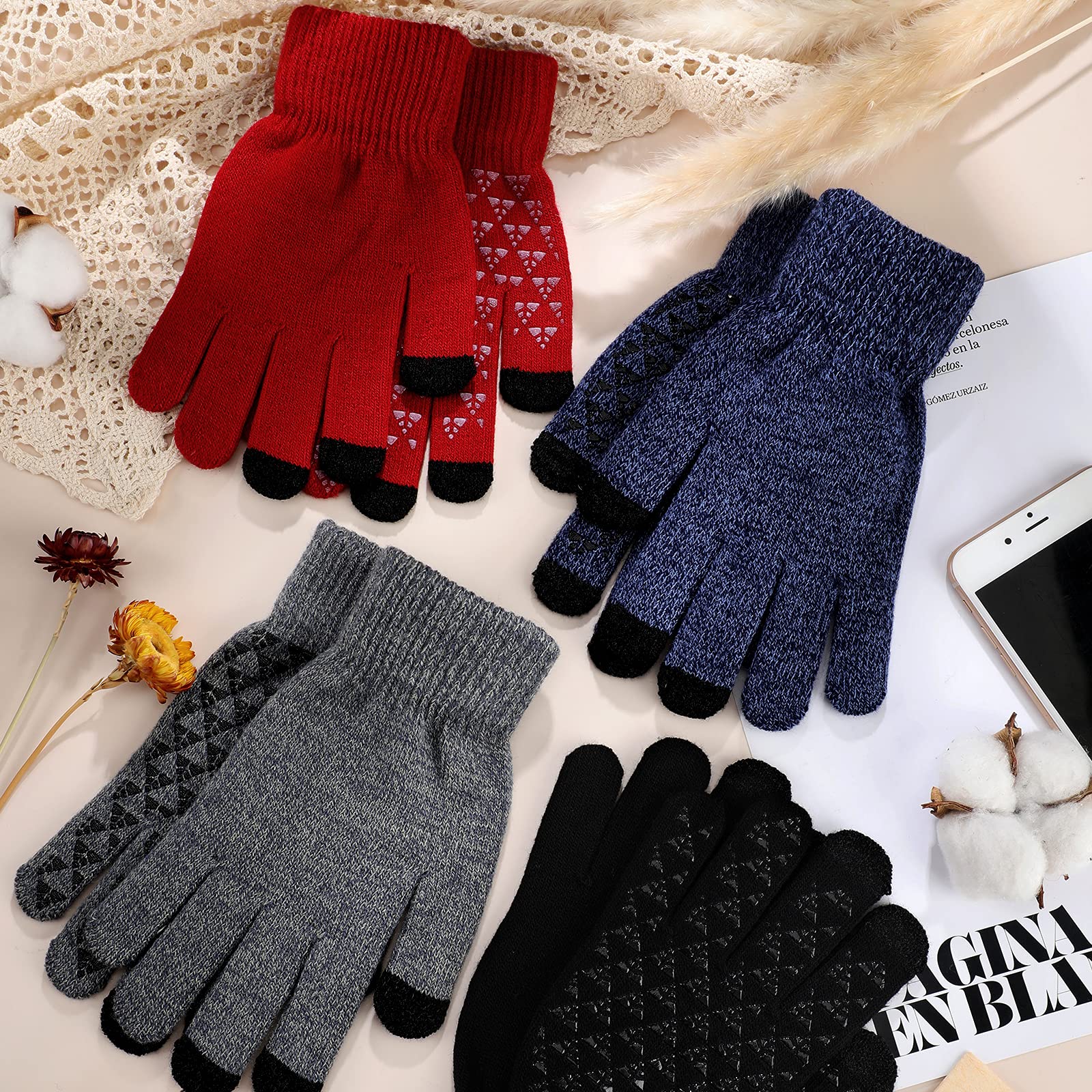 SATINIOR 4 Pairs Winter Gloves Warm Knit Gloves Touchscreen Anti Slip Silicone Gloves Soft Elastic Cuff Texting Gloves (Black, Red, Blue, and Hemp Grey)