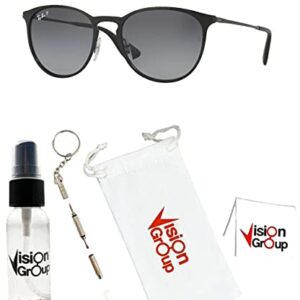 Ray-Ban RB3539 Erika Metal Sunglasses + Vision Group Accessories Bundle for unisex, adult (Black/Light Grey Gradient Grey Polarized (002/T3)