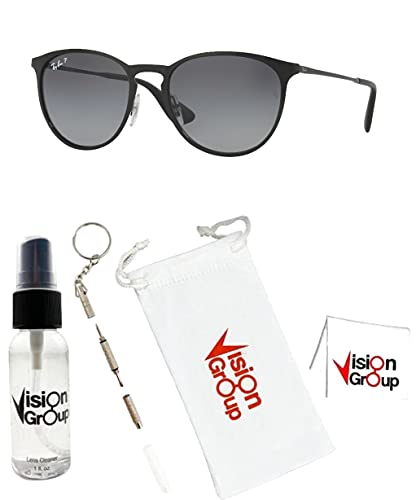 Ray-Ban RB3539 Erika Metal Sunglasses + Vision Group Accessories Bundle for unisex, adult (Black/Light Grey Gradient Grey Polarized (002/T3)