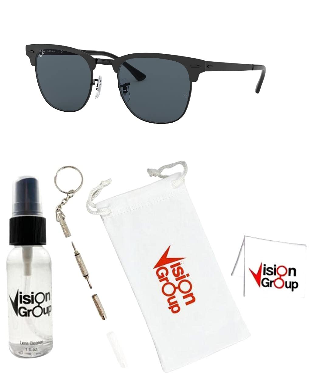 Ray-Ban RB3716 Clubmaster Metal Sunglasses+ Vision Group Accessories Bundle(Matte Black On Black/Blue (186/R5),unisex-adult