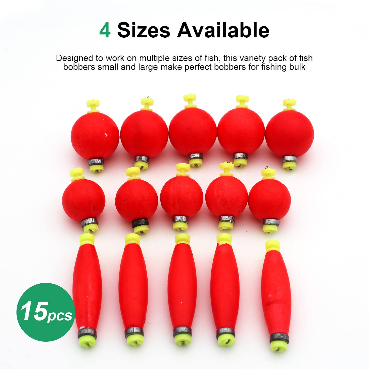 FishingPepo 15 Pcs Fishing Bobbers Weighted Foam Snap on Float Weighted Bobbers Fishing, Weighted Foam Snap on Float Weighted Bobbers Fishing Tackle Accessories (10Pcs Round +5pcs Oval)