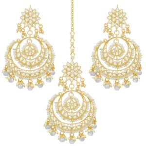 aheli bollywood ethnic chandbali style big earrings maang tikka set indian traditional bollywood fashion jewelry for women (grey)