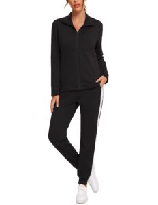 halcyeen womens 2 piece tracksuits set casual travel comfy zipper with pockets sweatshirt and jogger pants black l