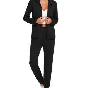 HALCYEEN Womens 2 Piece Tracksuits Set Casual Travel Comfy Zipper with Pockets Sweatshirt and Jogger Pants Black L