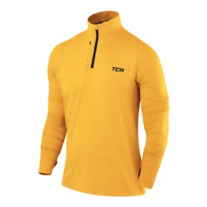 tca men's fusion pro quickdry long sleeve half zip running shirt – athletic workout pullover with pocket & thumb holes- spectra yellow, large