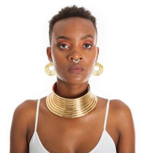 Beupy 6 Pieces Gold African National Tribal Costume Accessories Set Long Neck Collar Necklaces Metal Bracelet Gothic Chunky Nose Hoop Chain Swirl Earrings African Jewelry Set for Women