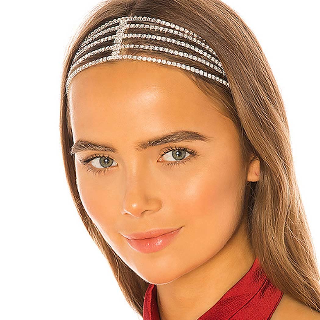 JEAIRTS Rhinestone Head Chain Forehead Bridal Headband Elastic Crystal Hair Band Halloween Prom Hair Jewelry for Women and Girls (1-Silver)