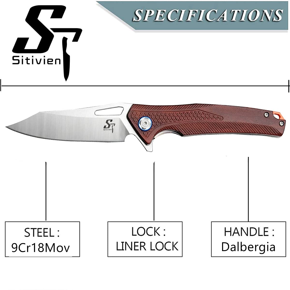 Sitivien ST219 Folding Knife, 9Cr18Mov Steel Dalbergia Handle Outdoor EDC Tool Knife for Outdoor Camping,Hunting