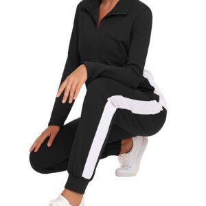 HALCYEEN Womens 2 Piece Tracksuits Set Casual Travel Comfy Zipper with Pockets Sweatshirt and Jogger Pants Black L