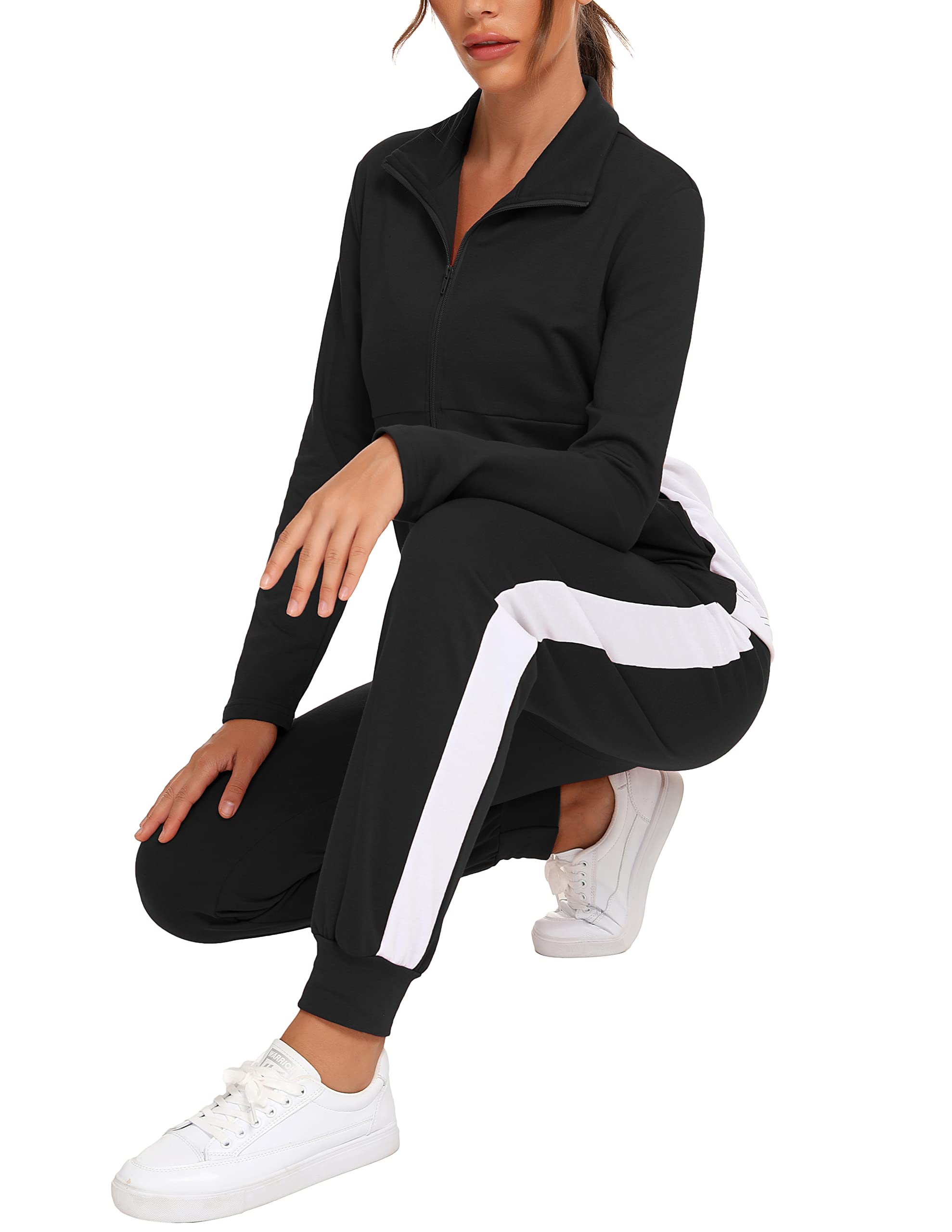 HALCYEEN Womens 2 Piece Tracksuits Set Casual Travel Comfy Zipper with Pockets Sweatshirt and Jogger Pants Black L