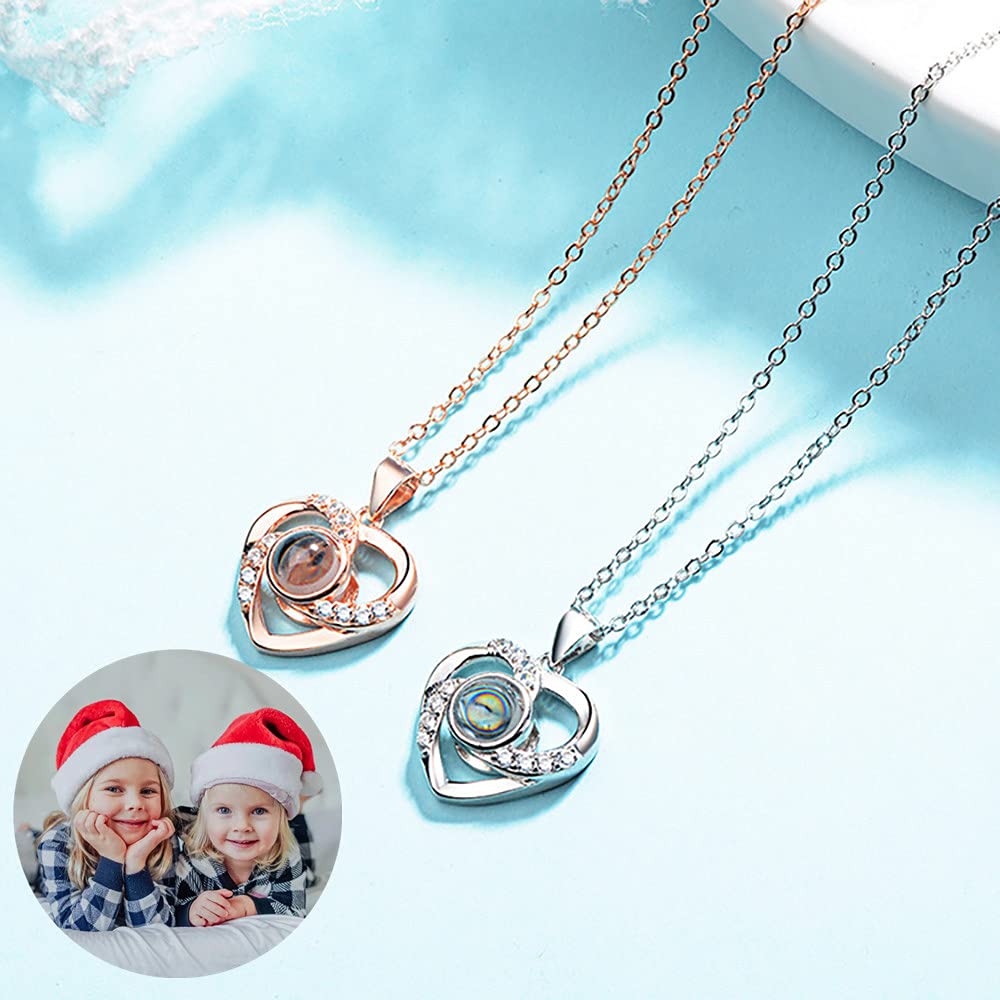 V2G1K2HJ.d Custom Photo Projection Necklace Heart Pendant Necklaces Chain Projection Gift for Love Women Family Christmas Valentine's Day Mother Day