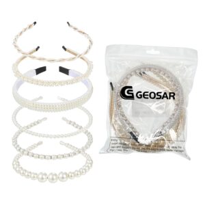 Geosar 6 Pieces Pearl Headband Girls White Bling Faux Pearl Rhinestones Hairband Bridal Headband Wedding Hair Accessories for Women Girls Bridal Bridesmaid