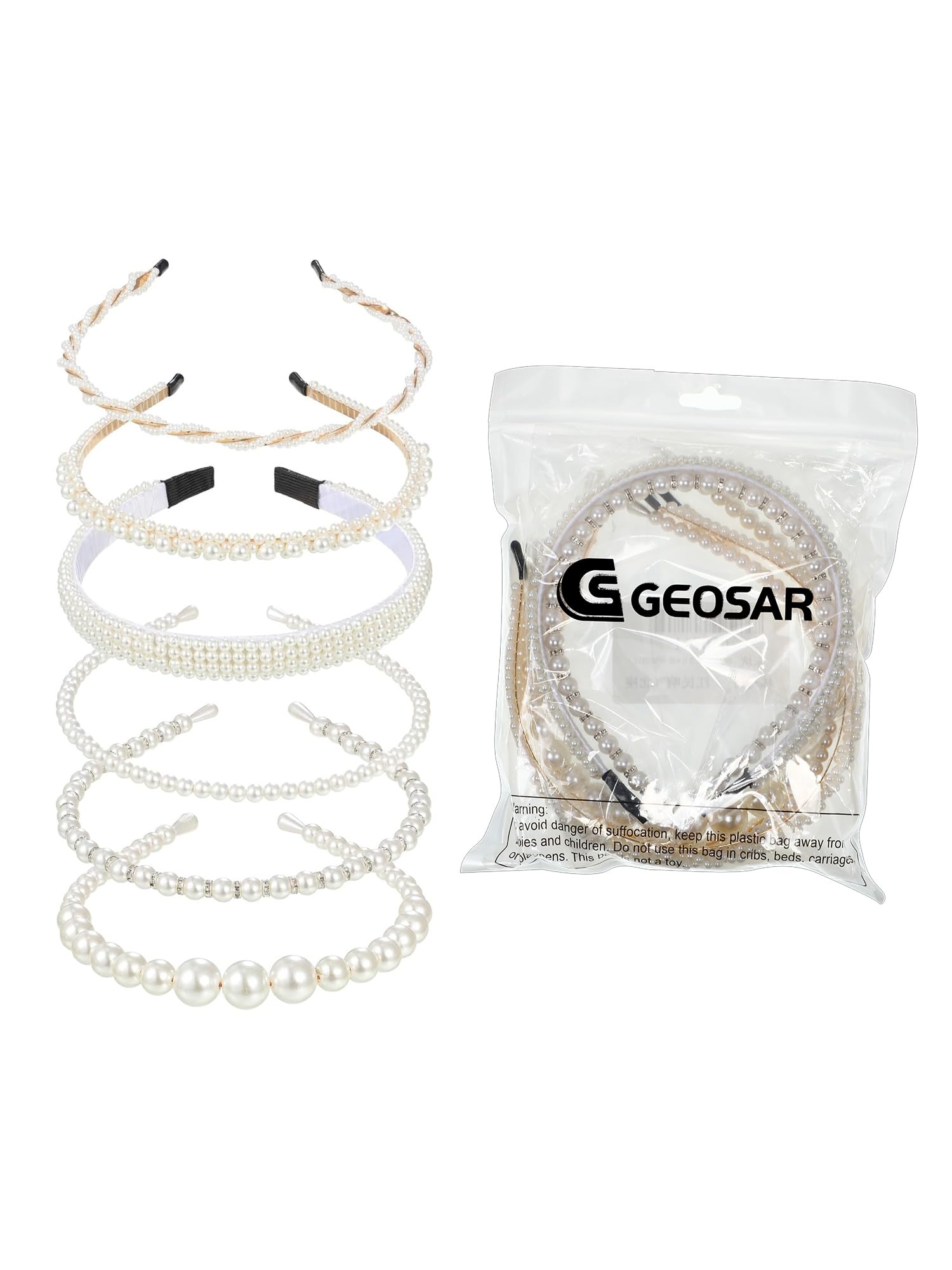 Geosar 6 Pieces Pearl Headband Girls White Bling Faux Pearl Rhinestones Hairband Bridal Headband Wedding Hair Accessories for Women Girls Bridal Bridesmaid