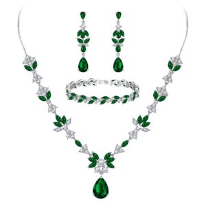 brilove wedding jewelry set for women, y-necklace tennis bracelet dangle earrings set with aaa cubic zirconia teardrop set for bridal bridesmaid emerald color