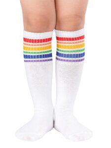 cosy encounter kids toddler stripes knee high socks cotton sports soccer uniform tube stockings for boys girls 1 pair white rainbow one size (wdceas4190s101psn)