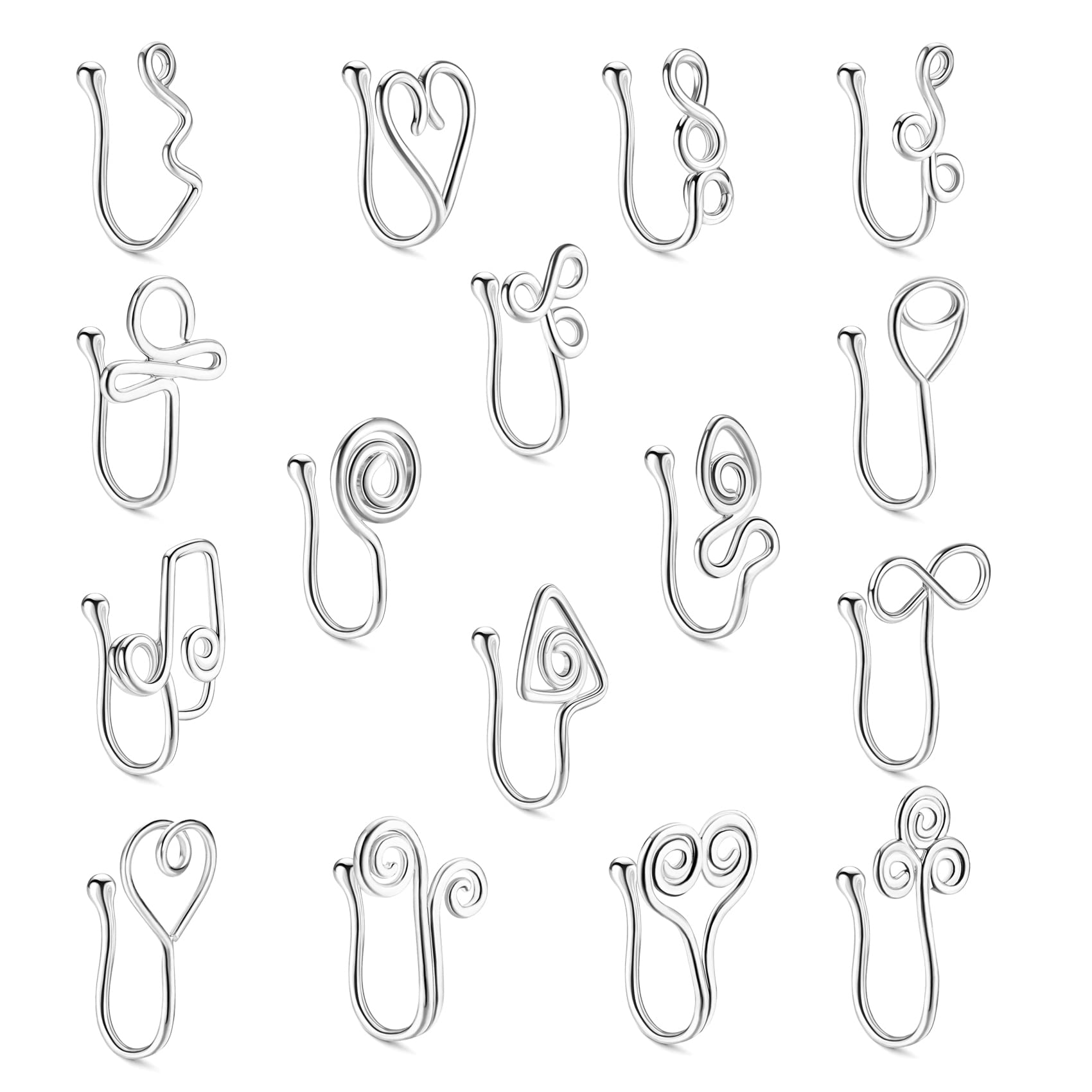 VALDEAS 16 Pcs African Nose Cuff Non Pierced Faux Nose Rings for Women Clip on Nose Cuffs Silver