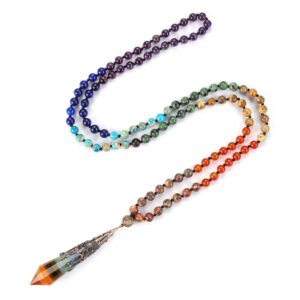 Jovivi 108 Mala Beads Bracelet Real Stones 7 Chakra Healing Crystals Necklace with 12 Facted Prism Pointed Pendant Reiki Energy Balancing Prayer Mala Beads for Meditation