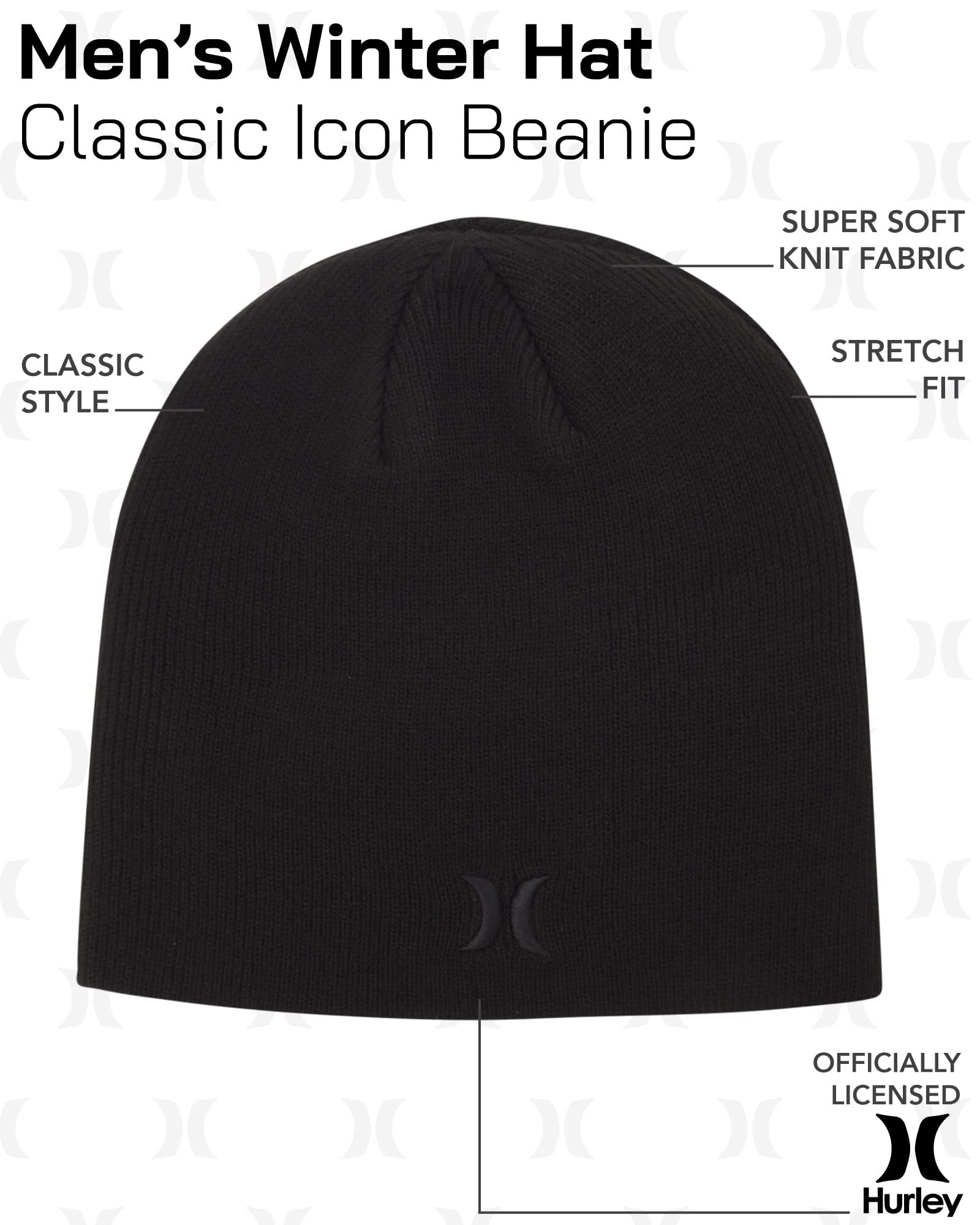 Hurley Men's Icon Staples Beanie - Lightweight Classic Loose Knitted Hat for Men, Black/Black